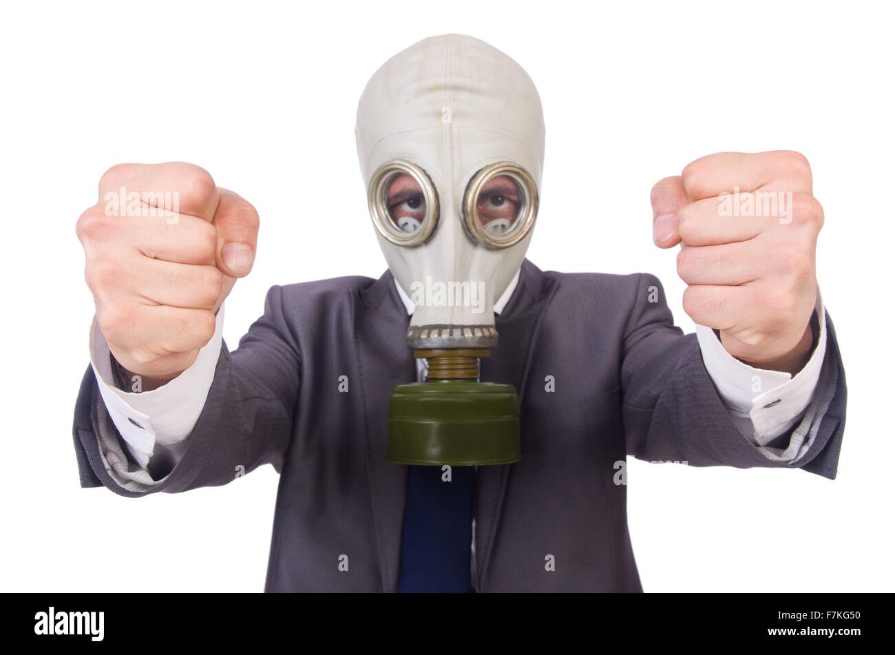 Businessman wearing gas mask isolated on white Stock Photo - Alamy