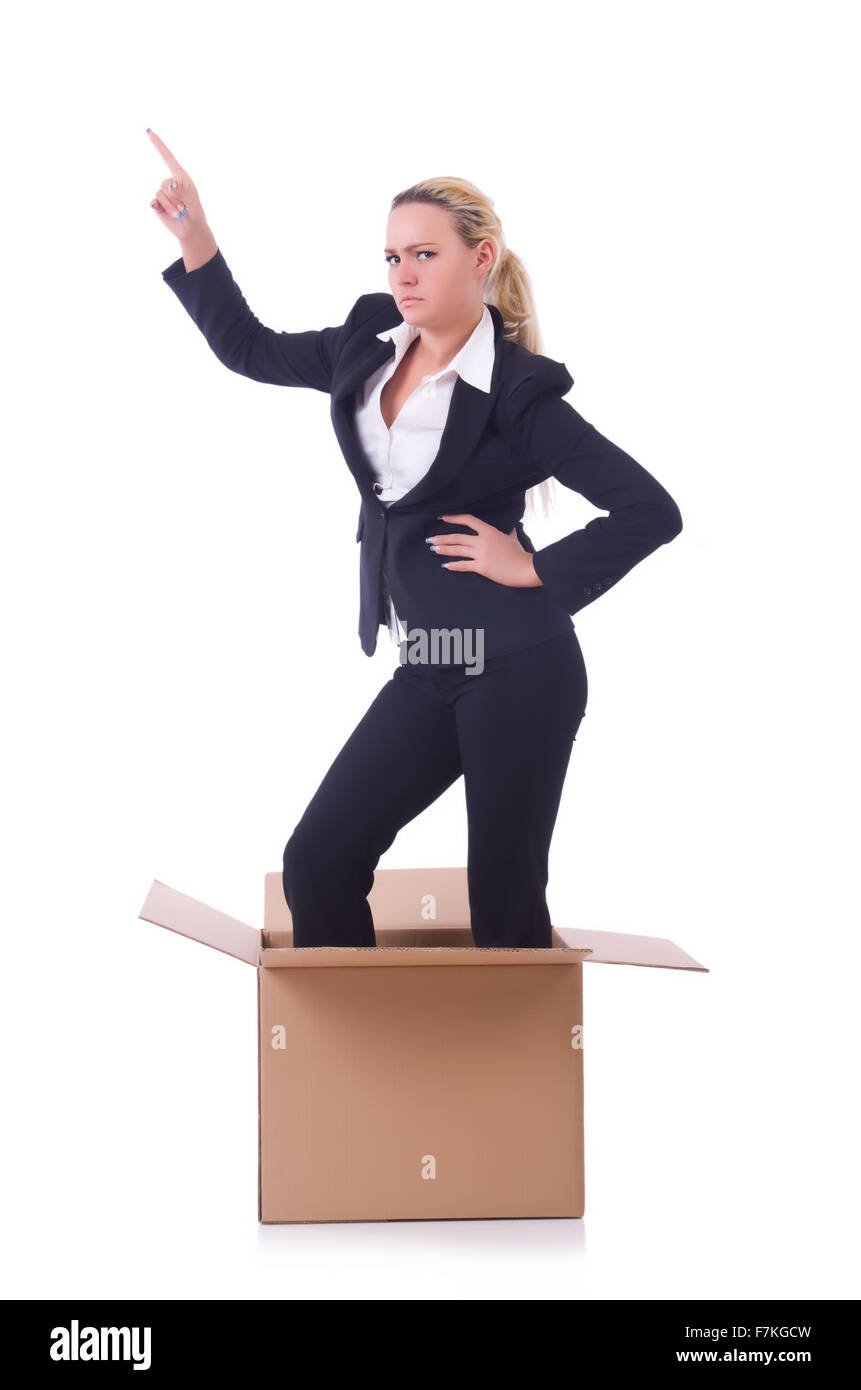 Woman with boxes on white Stock Photo - Alamy
