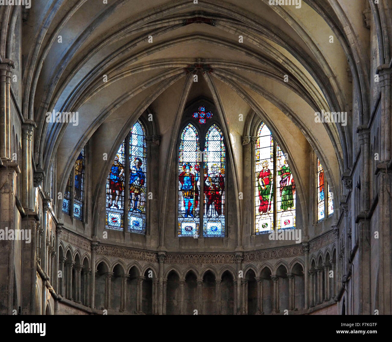 stained glass windows and ornate ceiling of St Maurice Cathedral Vienne ...