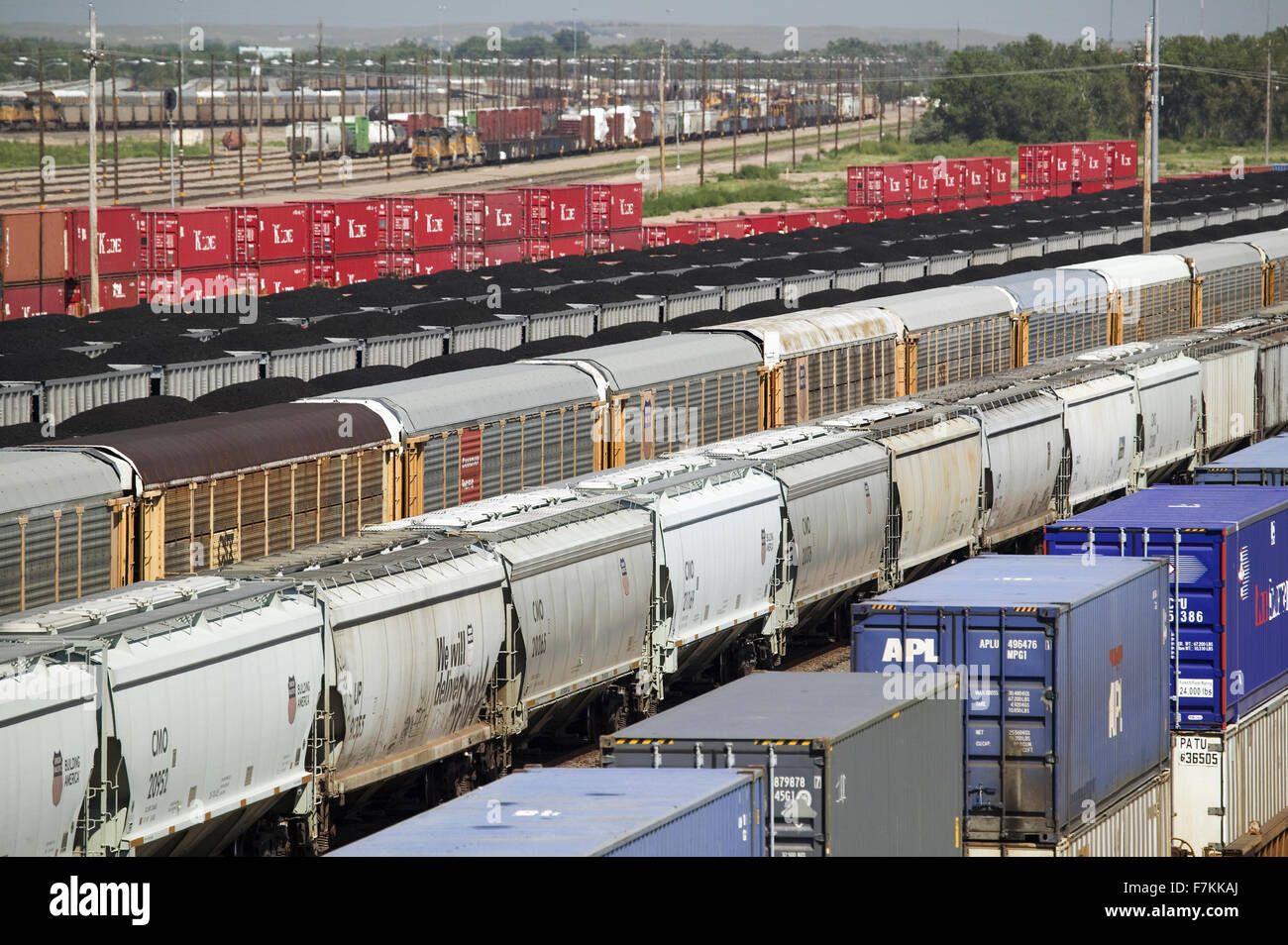 Elevated view of freight cars at Union Pacific's Bailey Railroad Yards ...