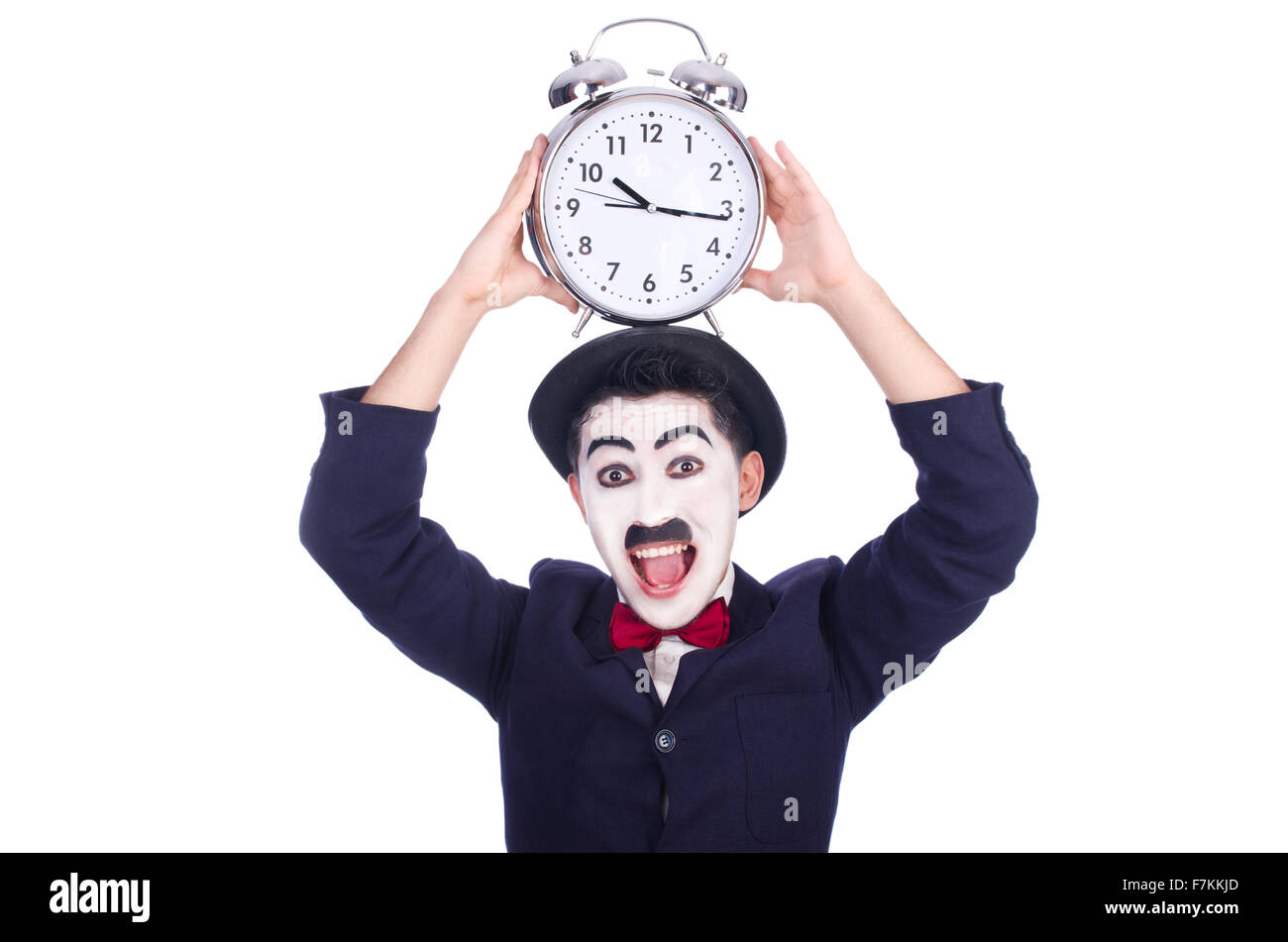 Funny man with clock on white Stock Photo - Alamy