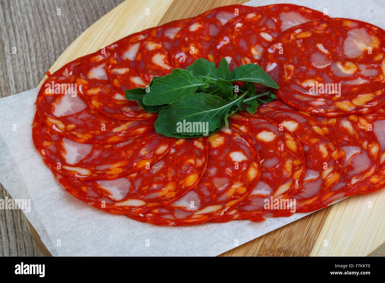 Traditional Spanish salami - Chorizo sausage on the wood background ...