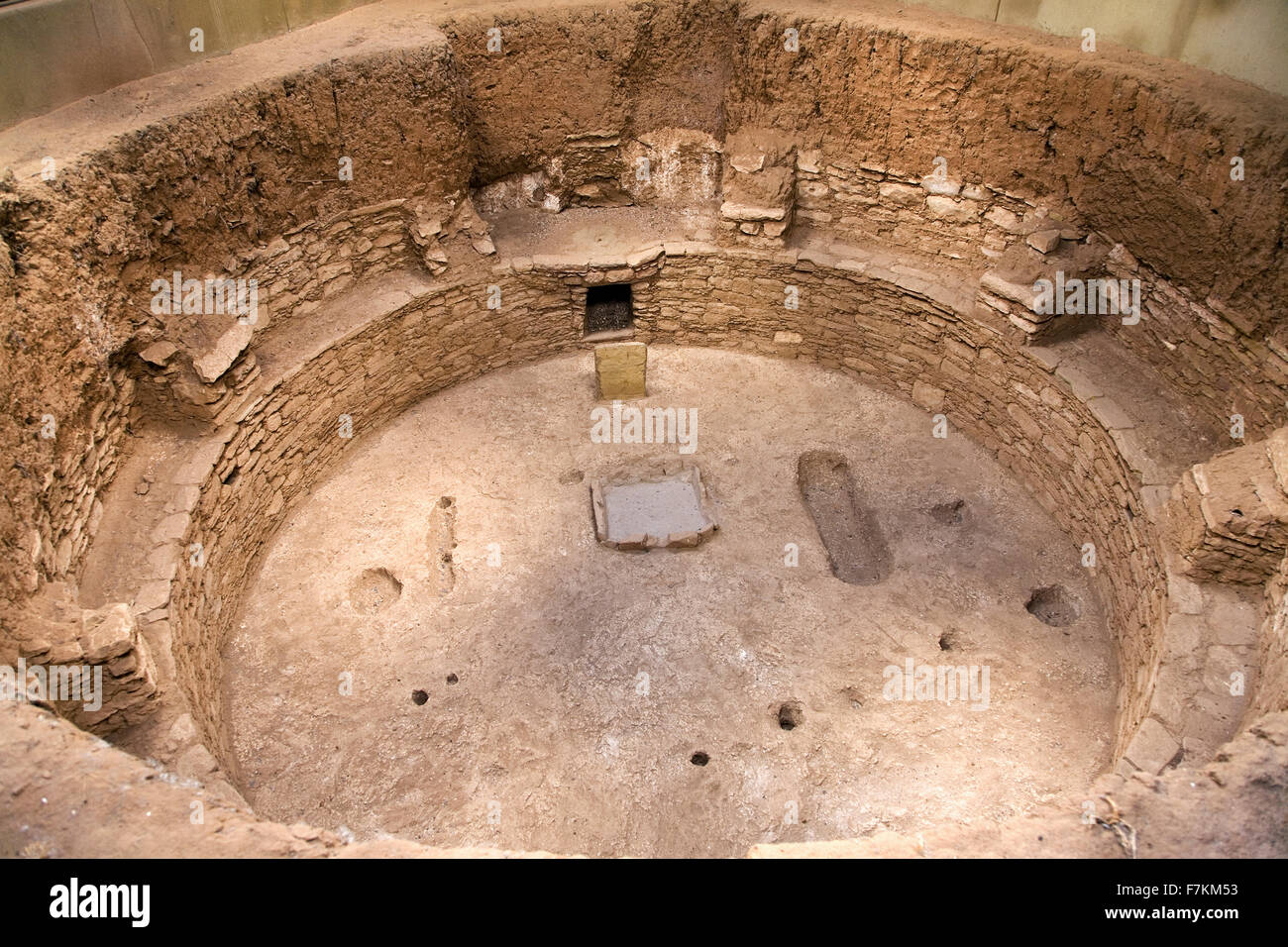 Fire pit of kiva in covered dig at Mesa Verde National Park ...