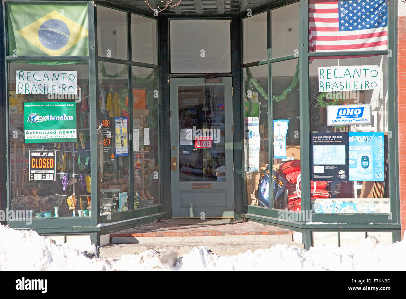 Hispanic New England storefront with snow, MA., USA Stock Photo - Alamy