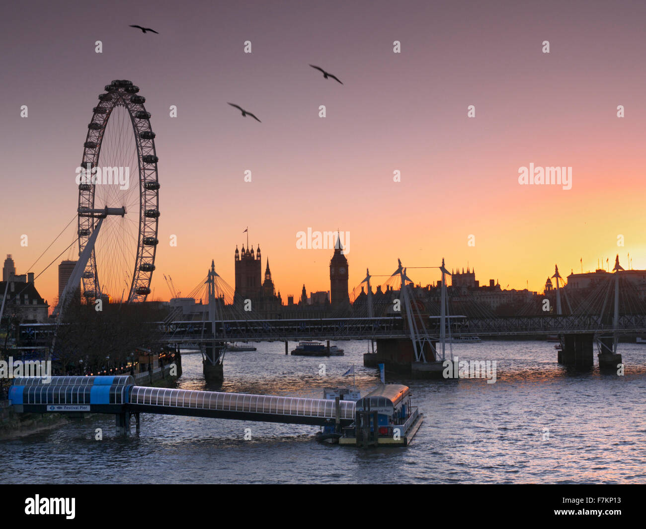 The London Eye, River Thames Festival Pier SouthBank, silhouetted at ...