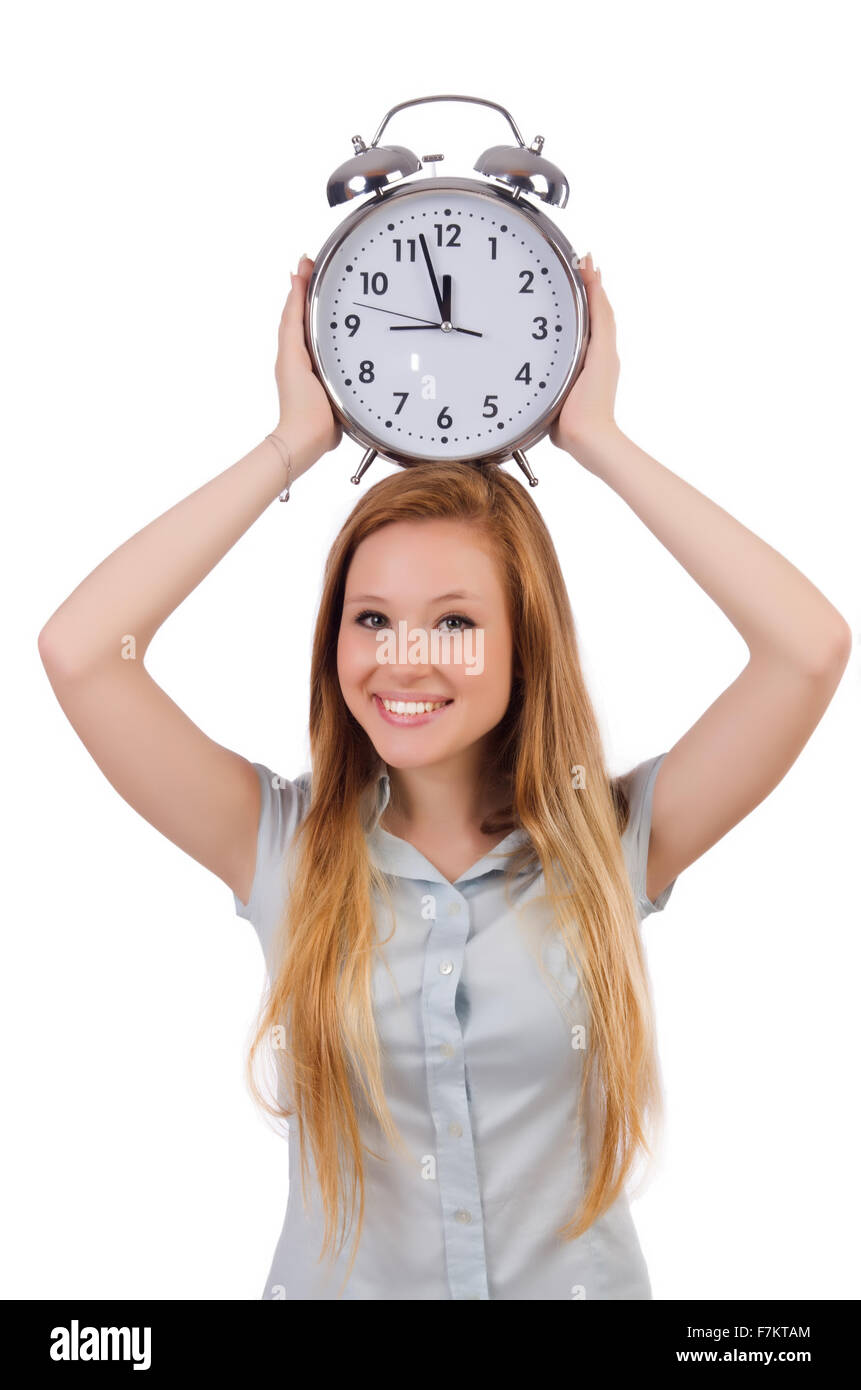 Young woman with clock on white Stock Photo - Alamy