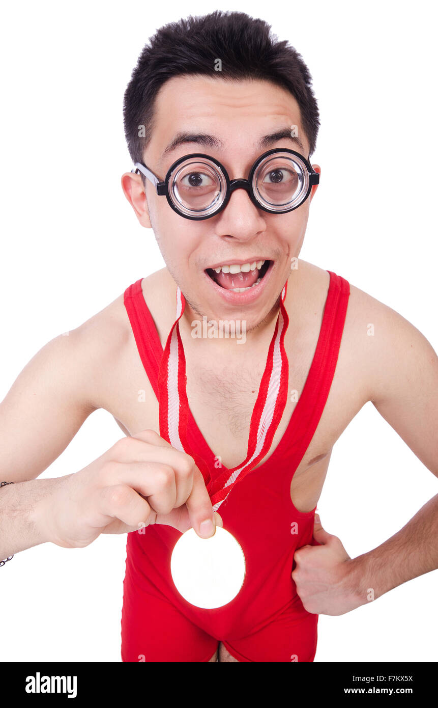 Funny wrestler with winners gold medal Stock Photo - Alamy