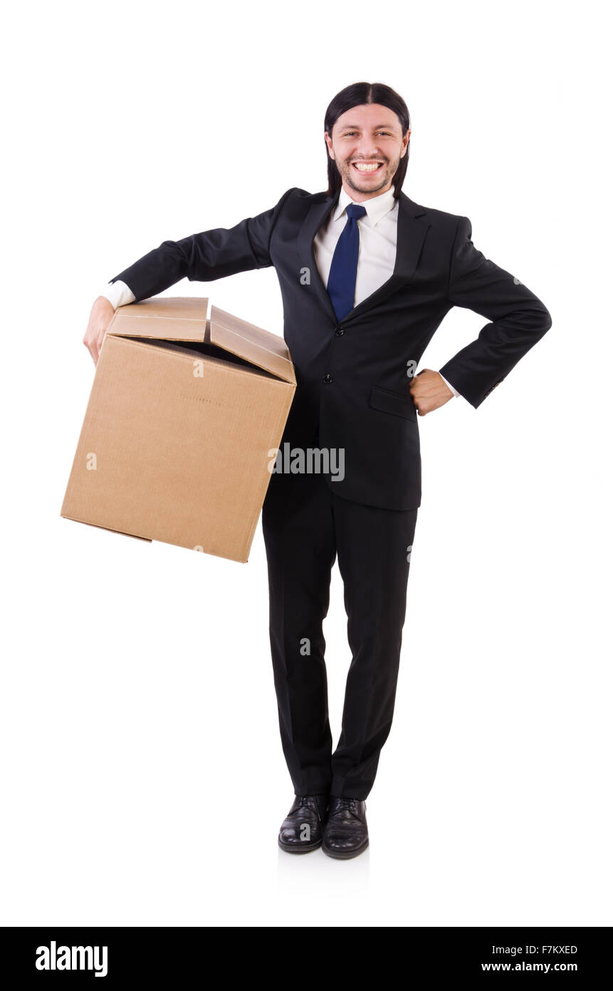 Funny man with boxes on white Stock Photo - Alamy