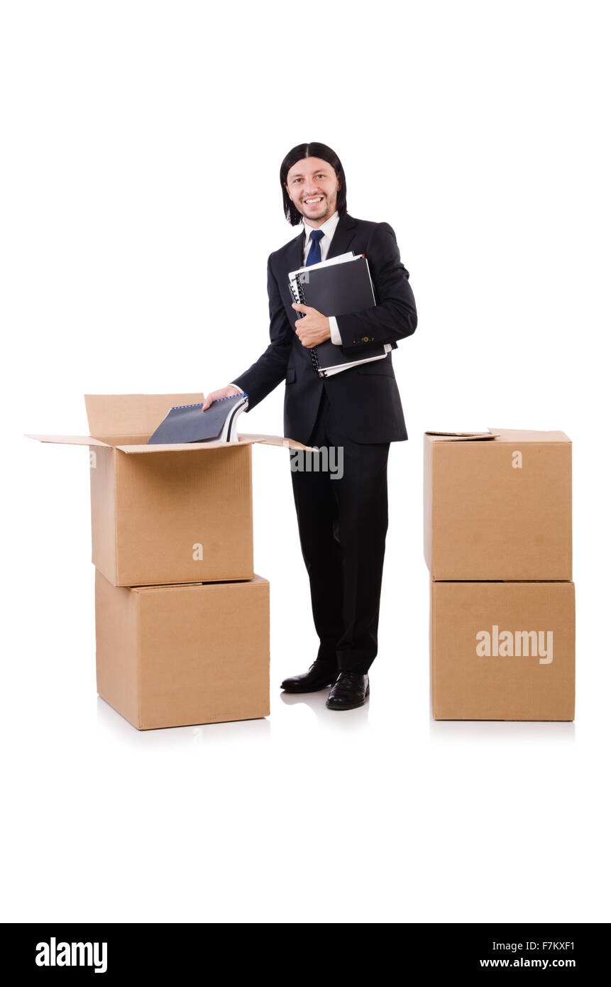 Man with boxes full of work Stock Photo - Alamy