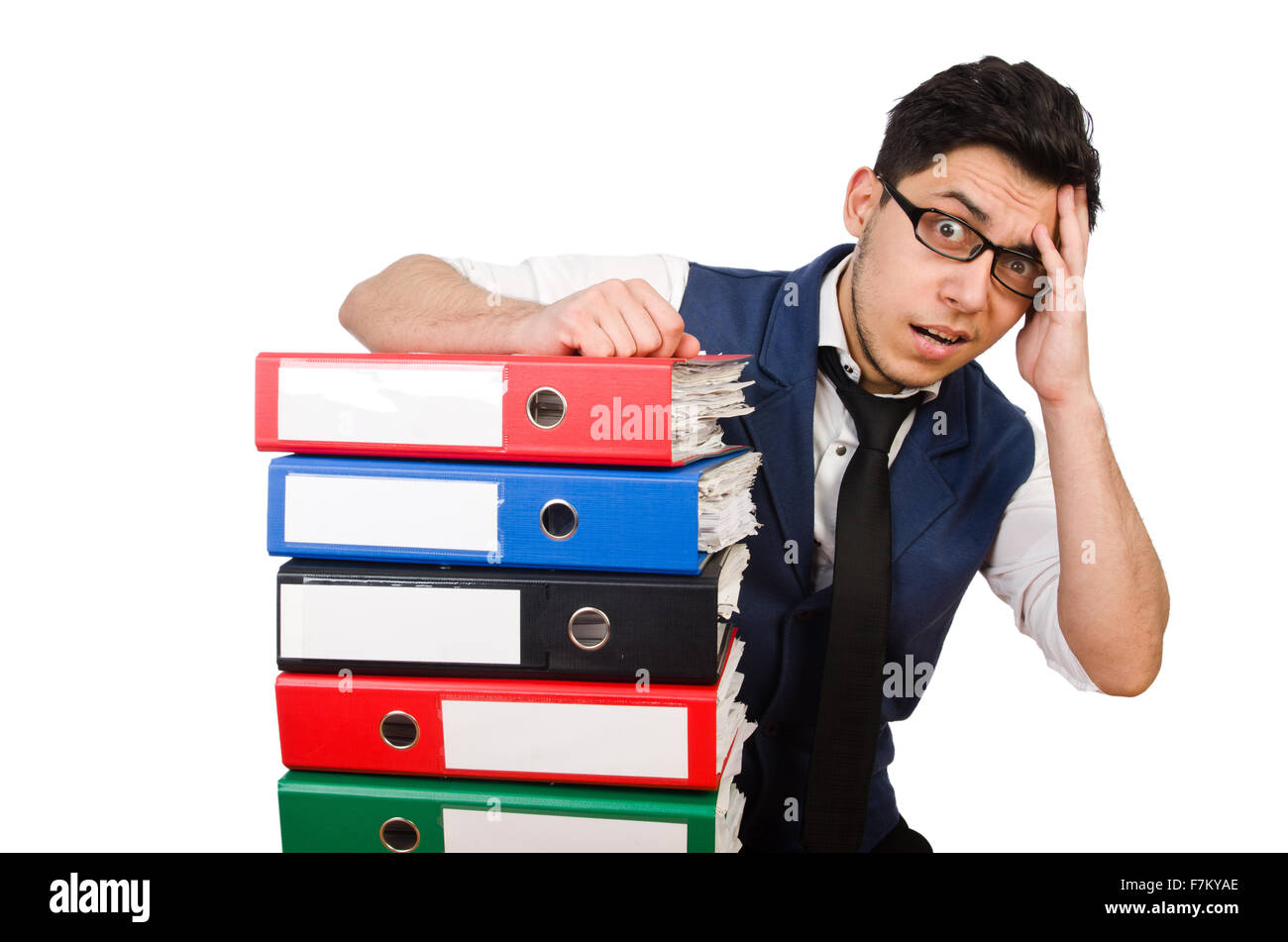 Funny man with lots of folders on white Stock Photo - Alamy