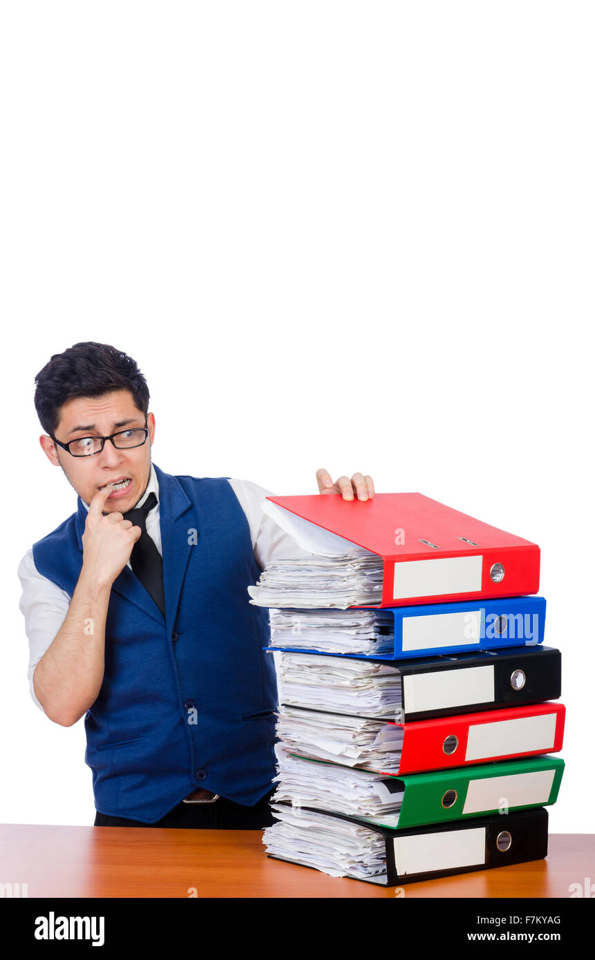 Funny man with lots of folders on white Stock Photo - Alamy