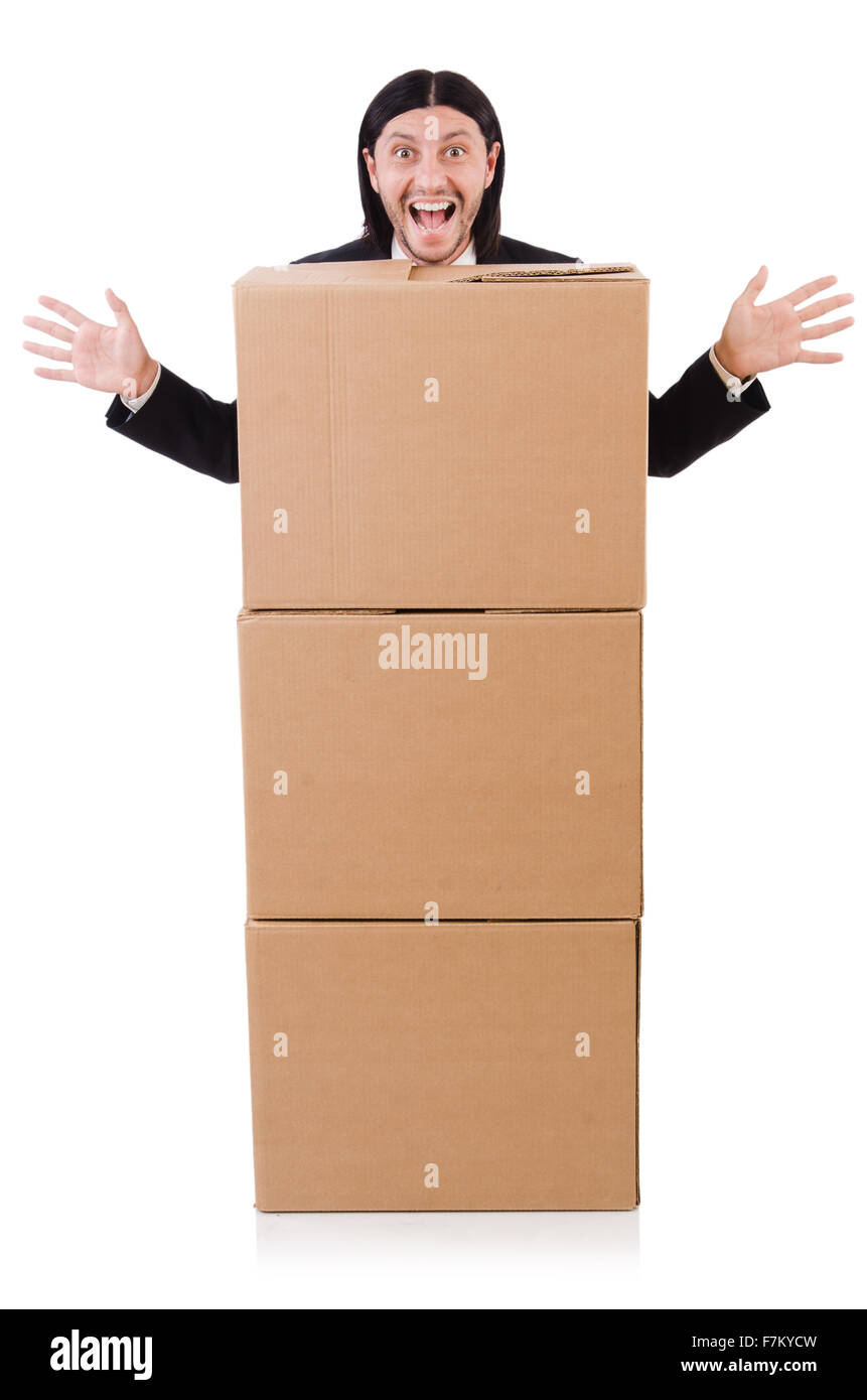 Funny man with boxes on white Stock Photo - Alamy