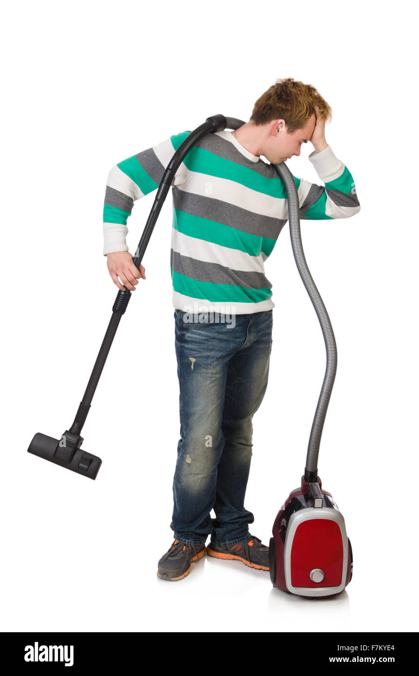 Funny man with vacuum cleaner on white Stock Photo - Alamy