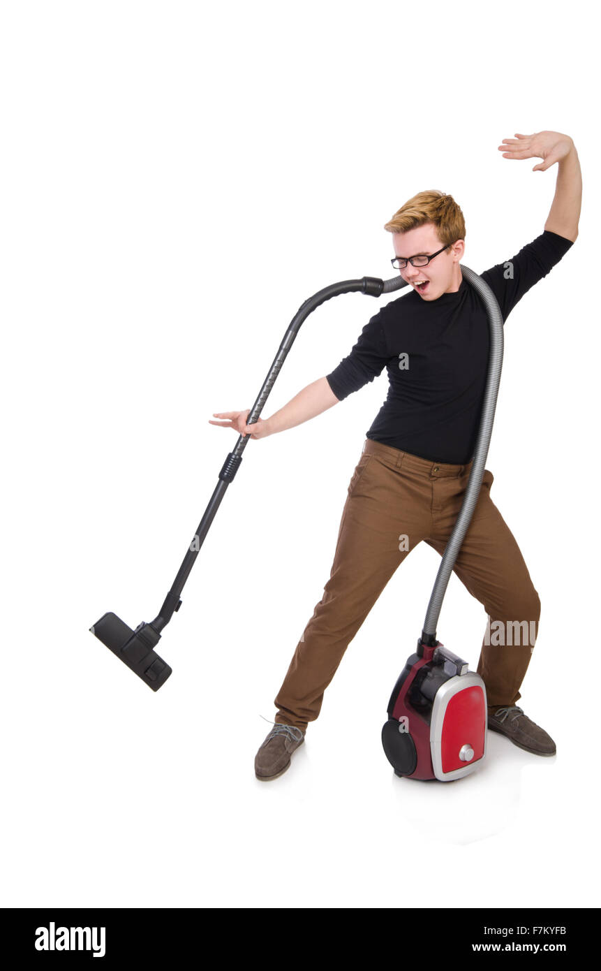Funny man with vacuum cleaner on white Stock Photo - Alamy