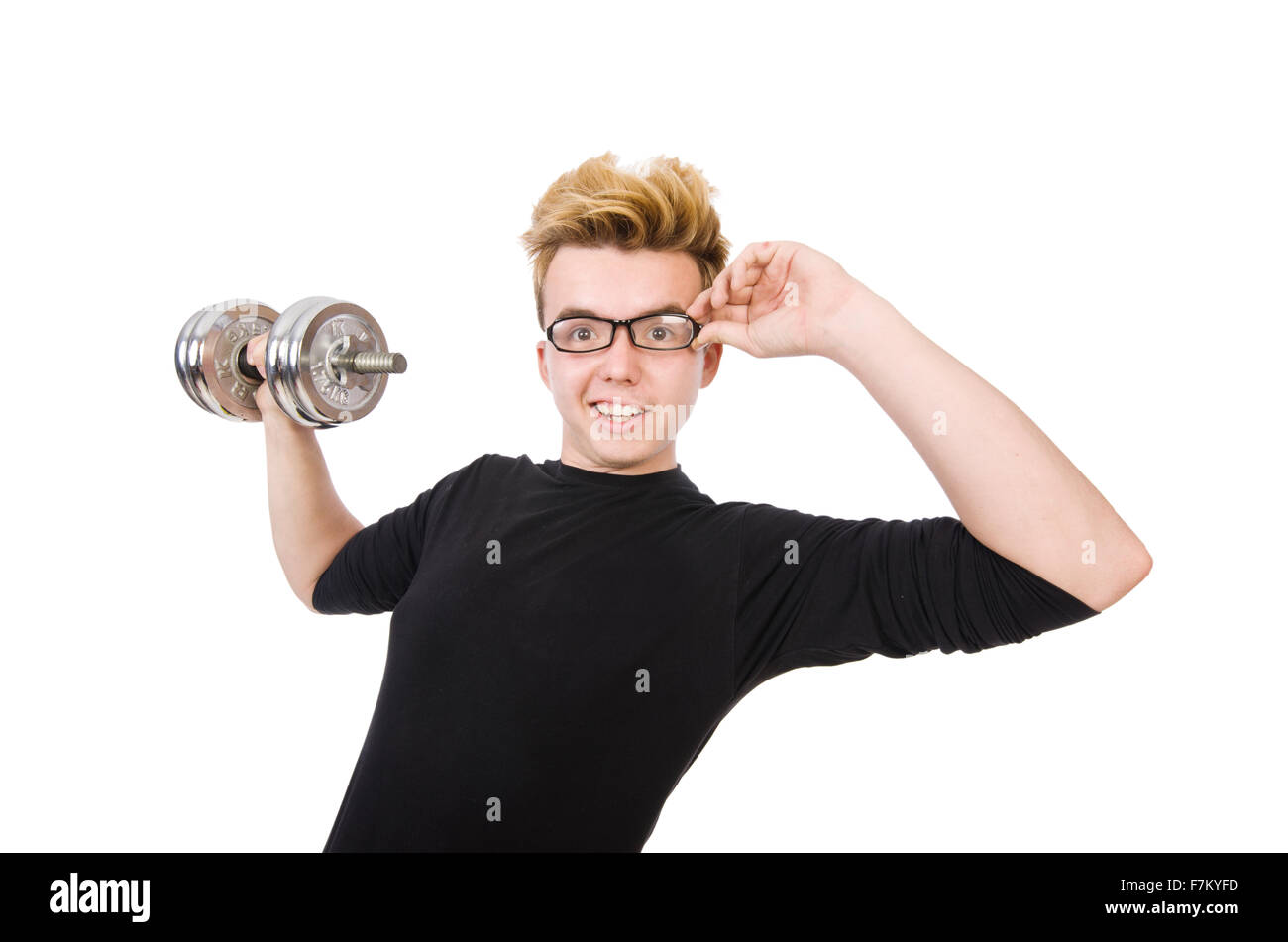 Funny guy with dumbbels on white Stock Photo - Alamy