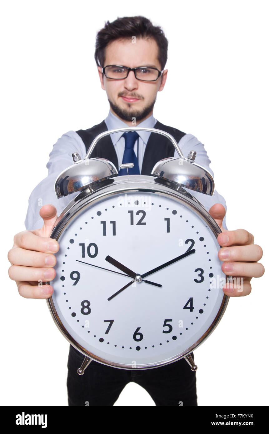 Businessman with clock isolated on white Stock Photo - Alamy