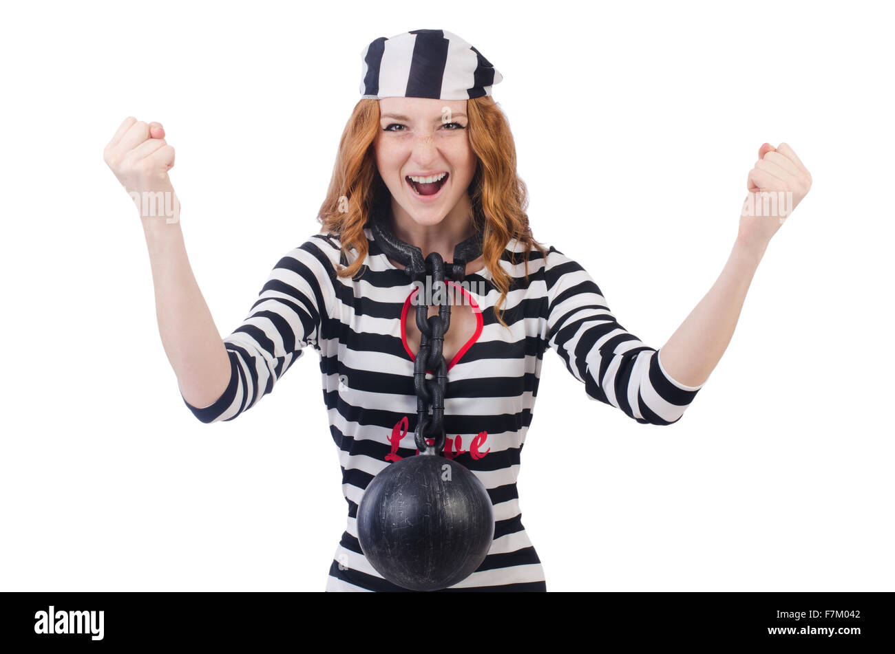 Young smiling woman-prisoner isolated on white Stock Photo - Alamy