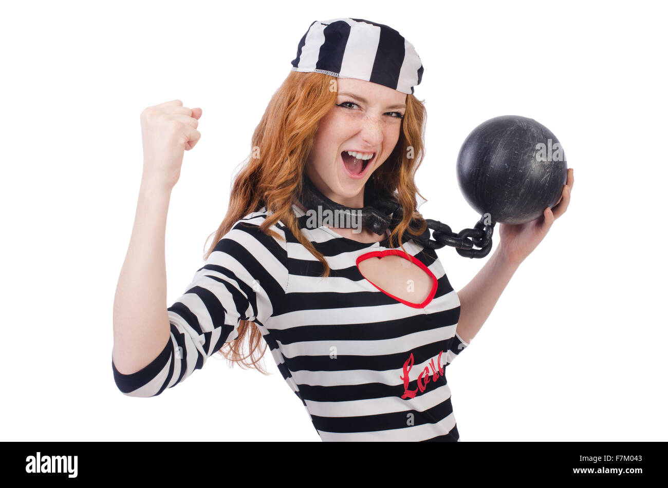 Young smiling woman-prisoner isolated on white Stock Photo - Alamy