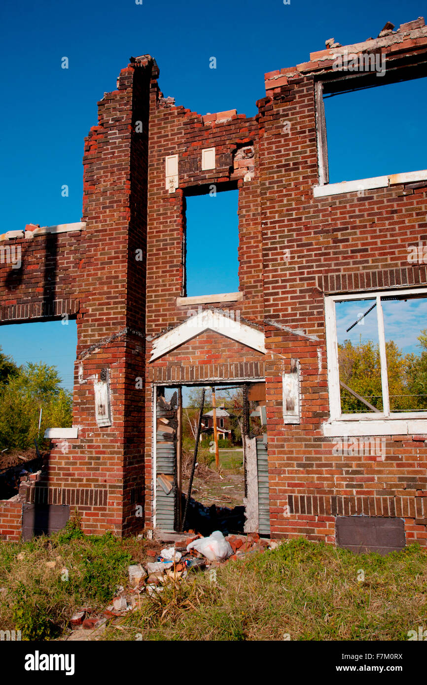 Deserted red brick apartments in the dangerous city of East St. Louis ...