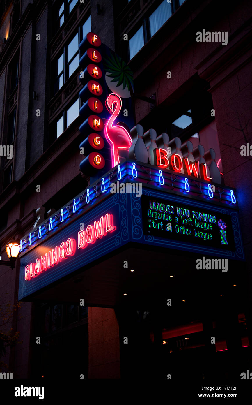 Neon sign of Pink Flamingo Bowl in downtown St. Louis, Mo Stock Photo ...