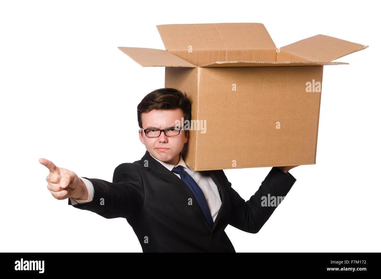 Funny man with boxes isolated on white Stock Photo - Alamy