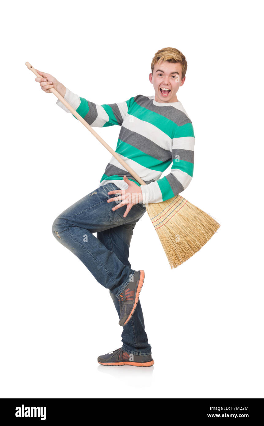 Funny man with mop isolated on white Stock Photo - Alamy
