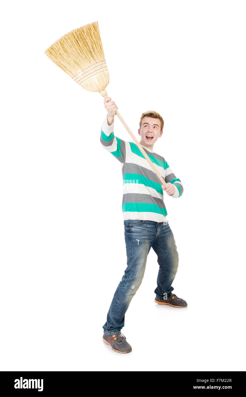 Funny man with mop isolated on white Stock Photo - Alamy