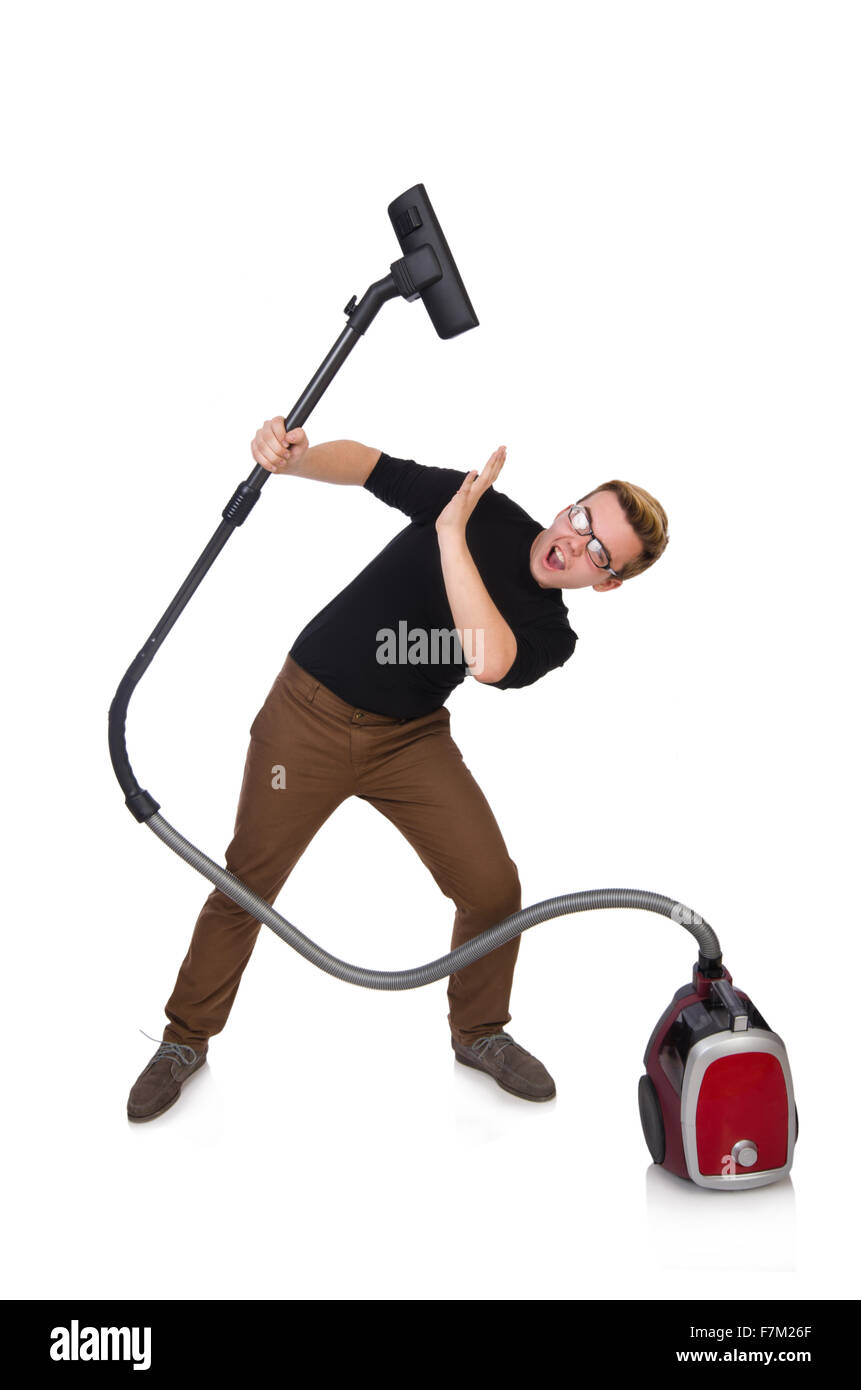 Funny man with vacuum cleaner on white Stock Photo - Alamy