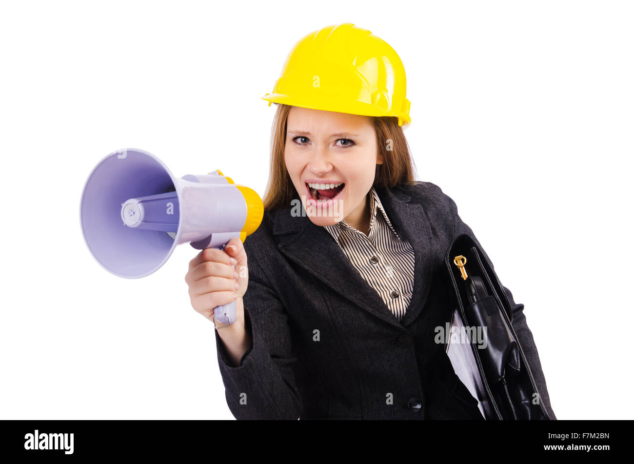 Female construction worker with loudspeaker isolated on white Stock ...