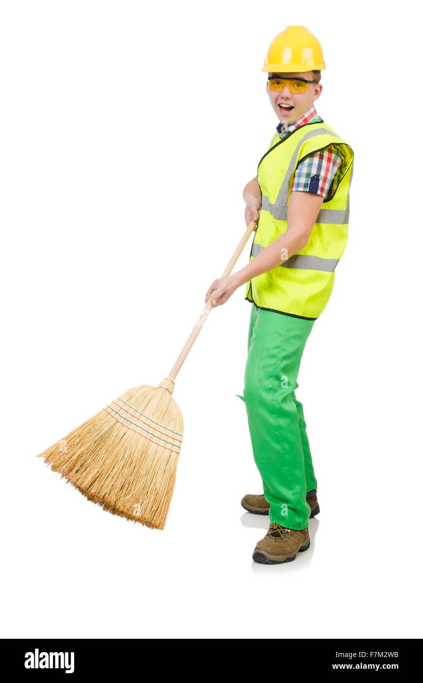 Funny janitor with broom isolated on white Stock Photo - Alamy