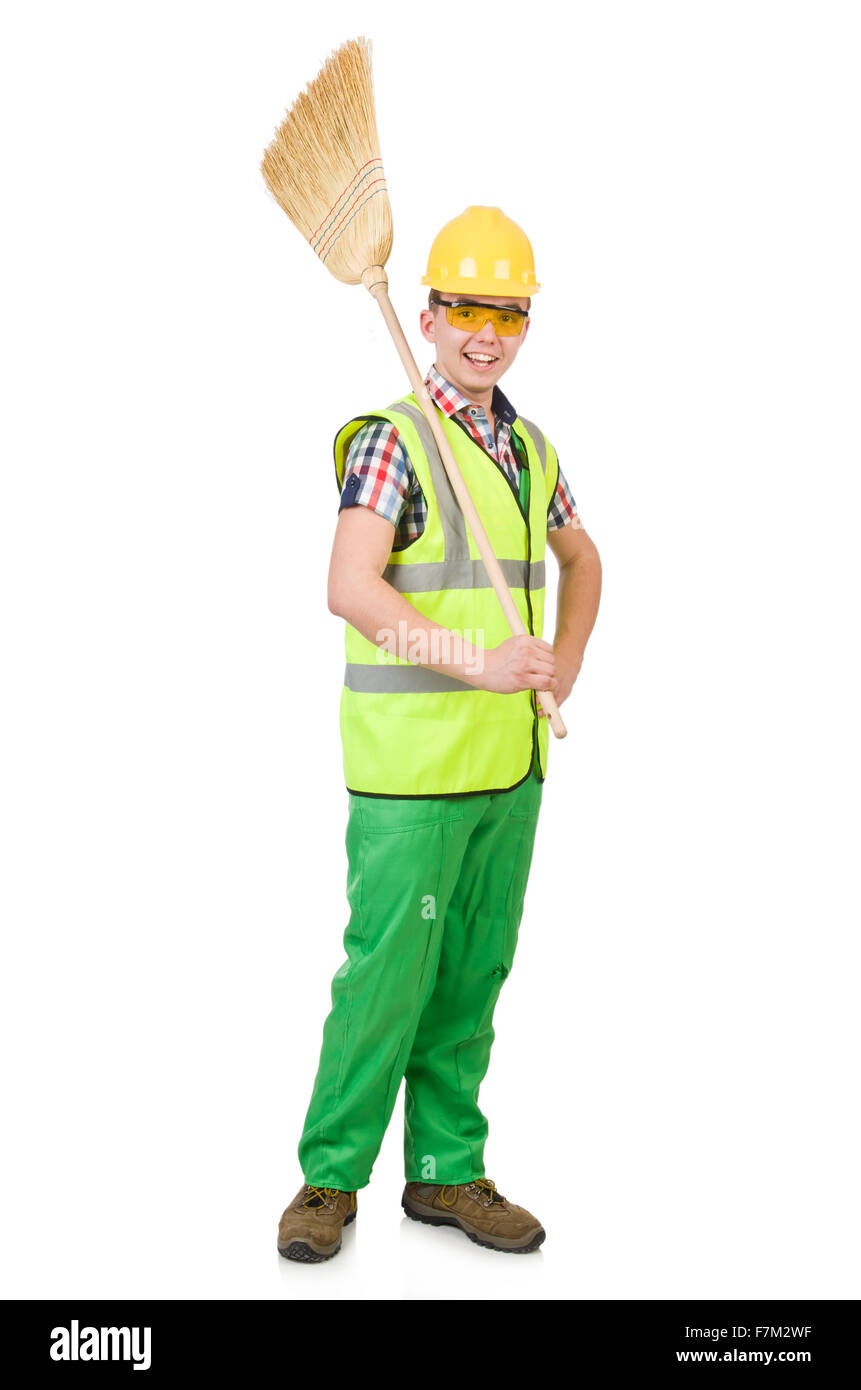 Funny janitor with broom isolated on white Stock Photo - Alamy