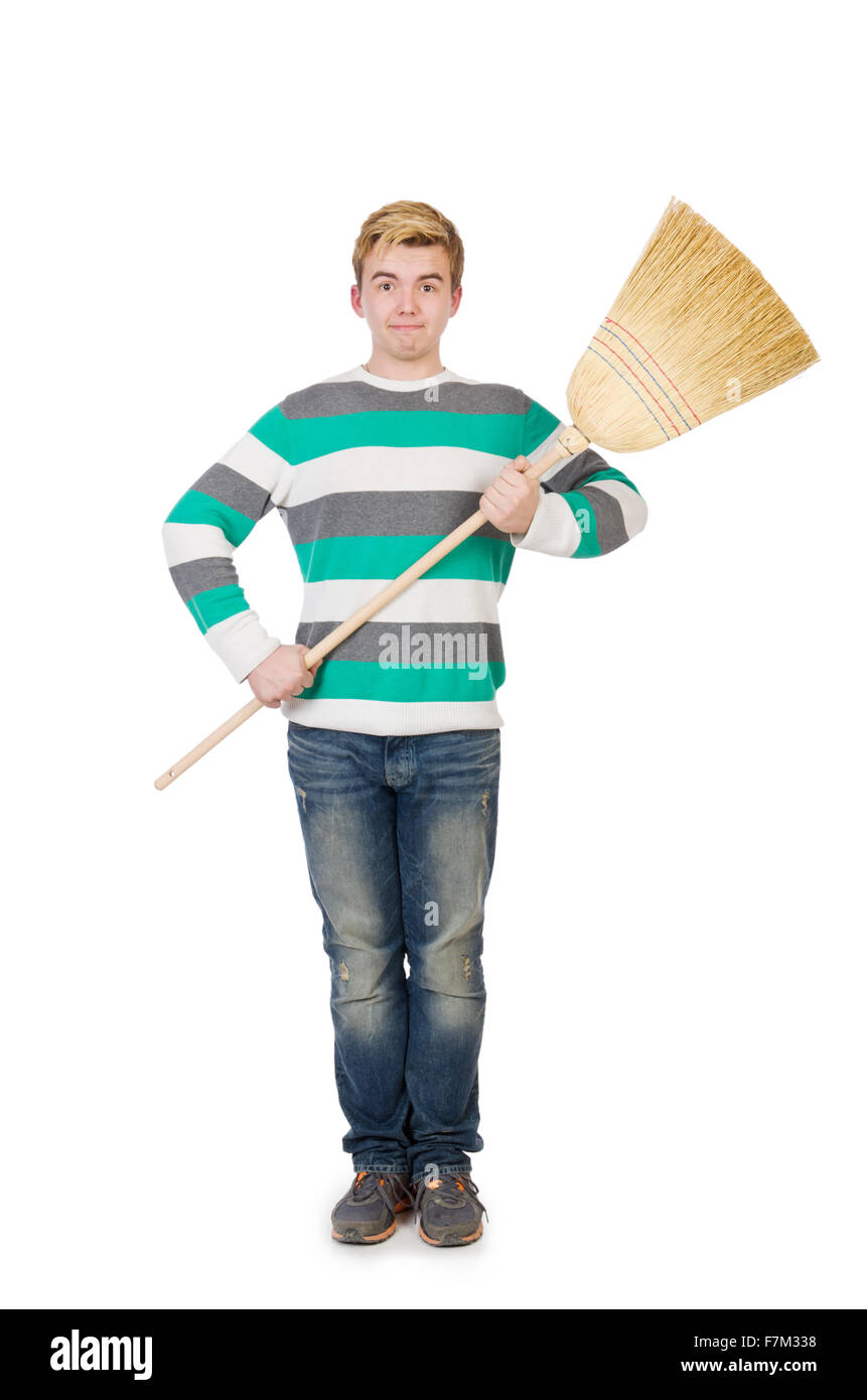 Funny man with mop isolated on white Stock Photo - Alamy