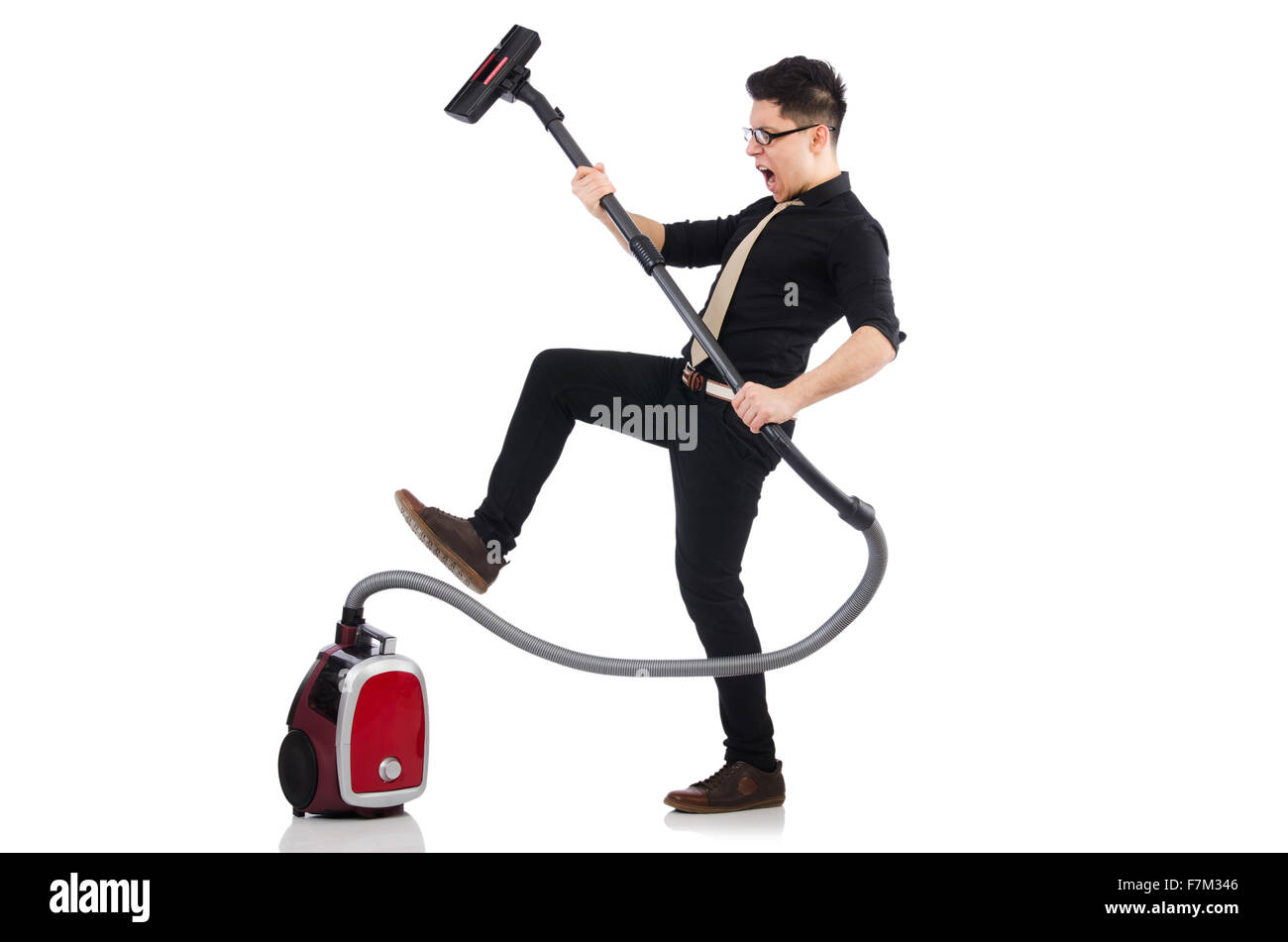 Man with vacuum cleaner isolated on white Stock Photo - Alamy