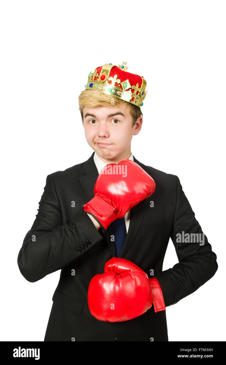Funny businessman with crown and boxing gloves Stock Photo - Alamy