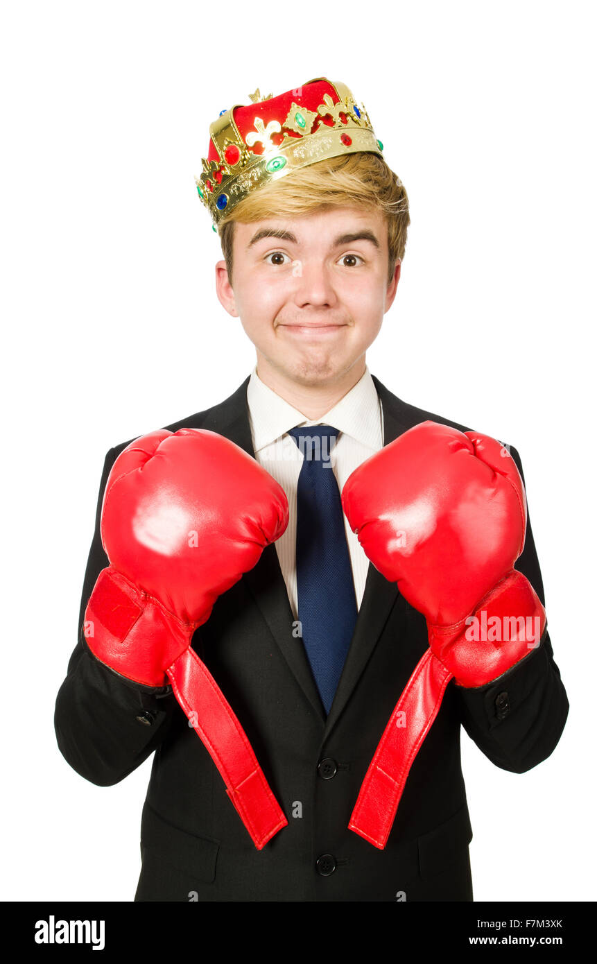 Funny businessman with crown and boxing gloves Stock Photo - Alamy