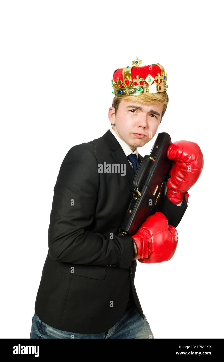 Funny businessman with crown and boxing gloves Stock Photo - Alamy