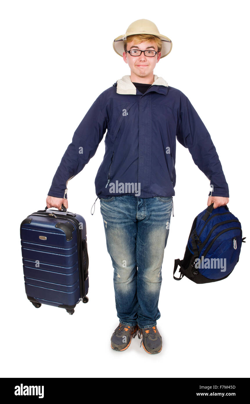 Funny man with luggage wearing safari hat Stock Photo - Alamy
