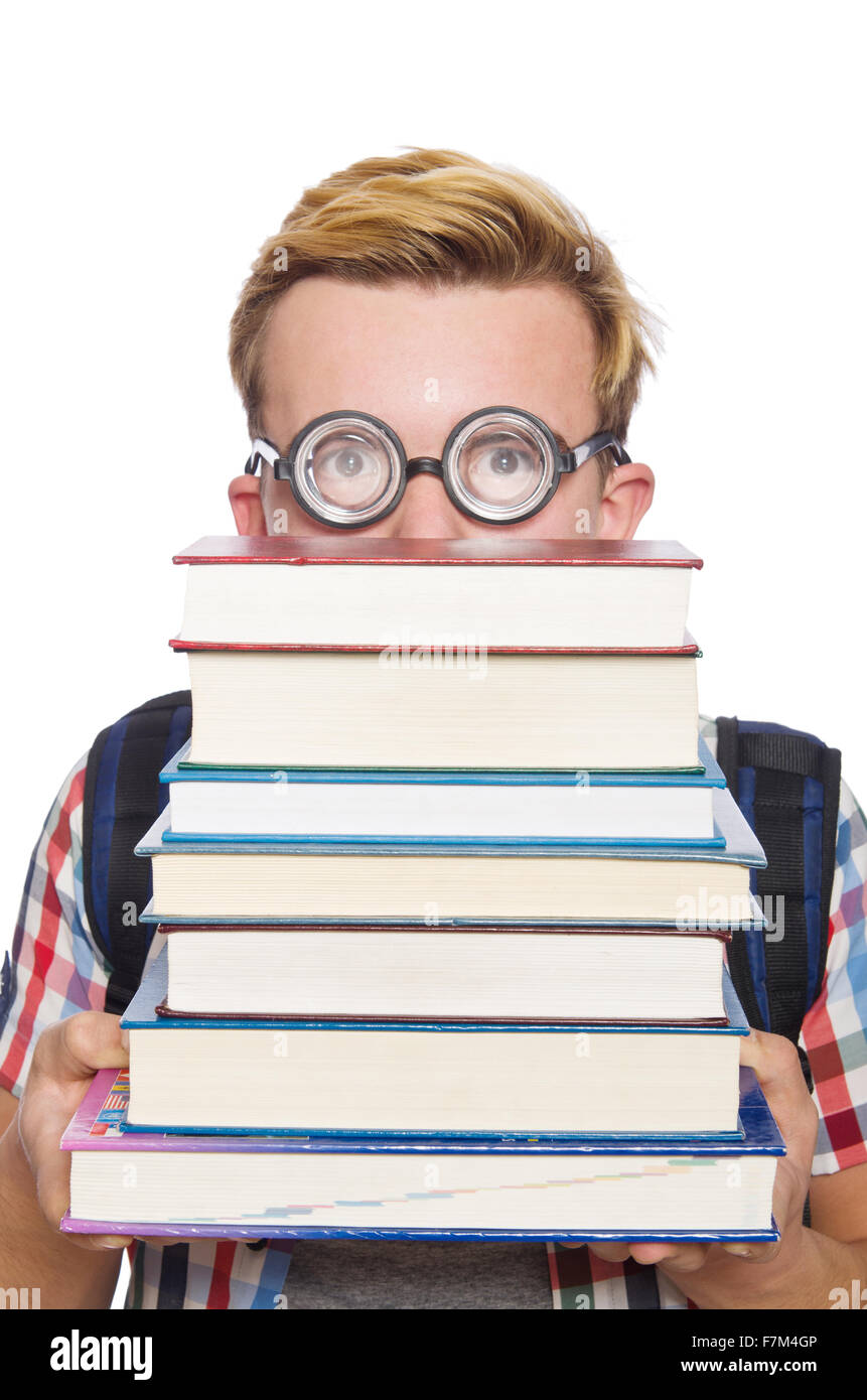 Funny student with stack of books Stock Photo - Alamy