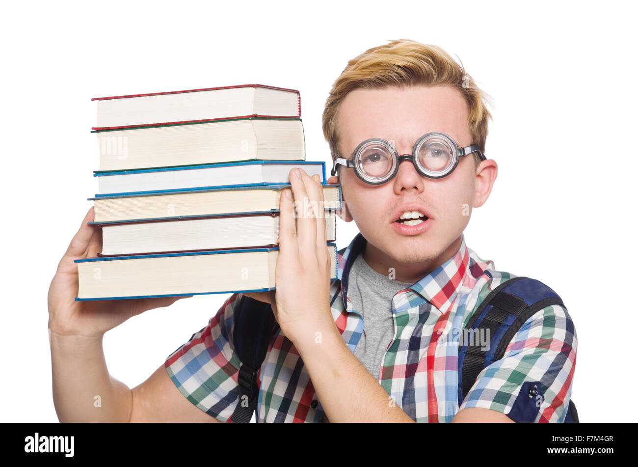 Funny student with stack of books Stock Photo - Alamy