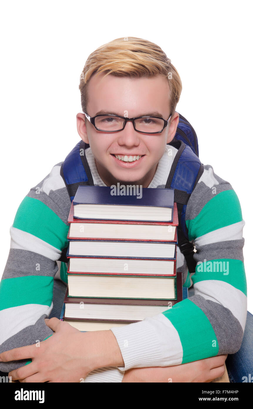 Funny student with stack of books Stock Photo - Alamy