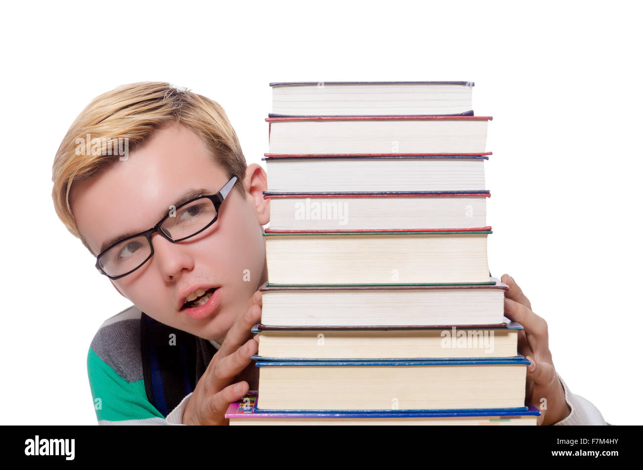 Funny student with stack of books Stock Photo - Alamy