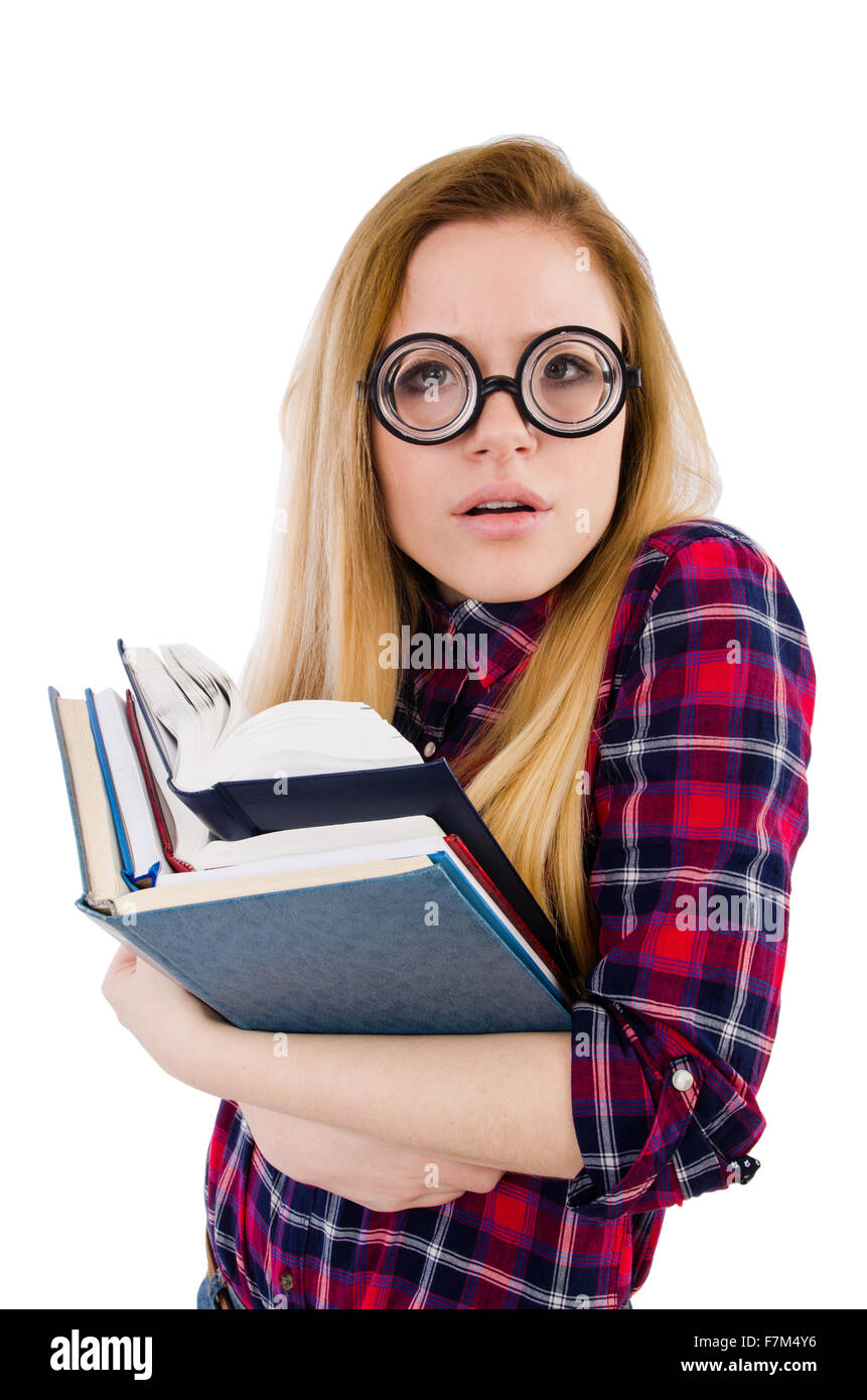 Funny student with stack of books Stock Photo - Alamy