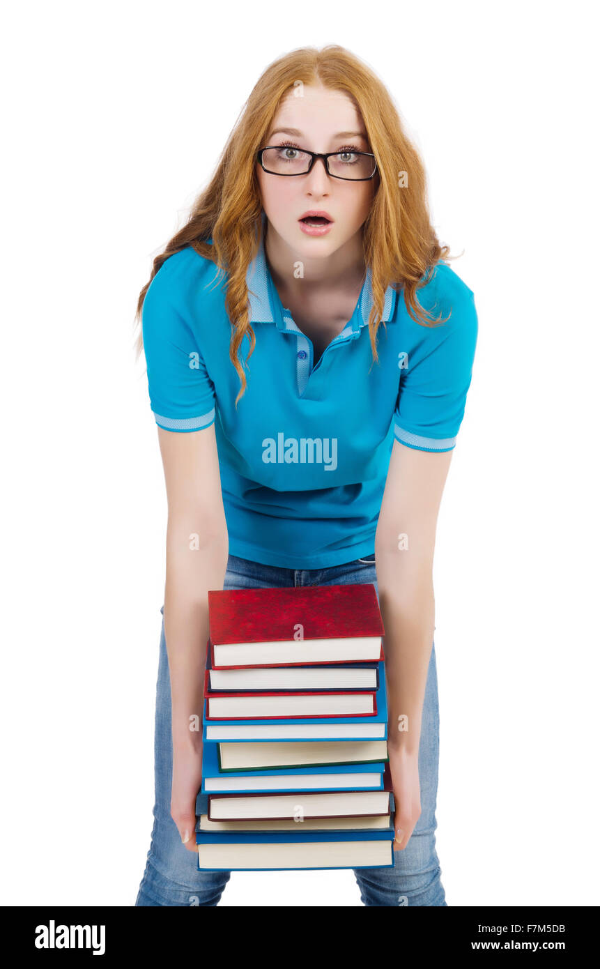 Funny student with stack of books Stock Photo - Alamy