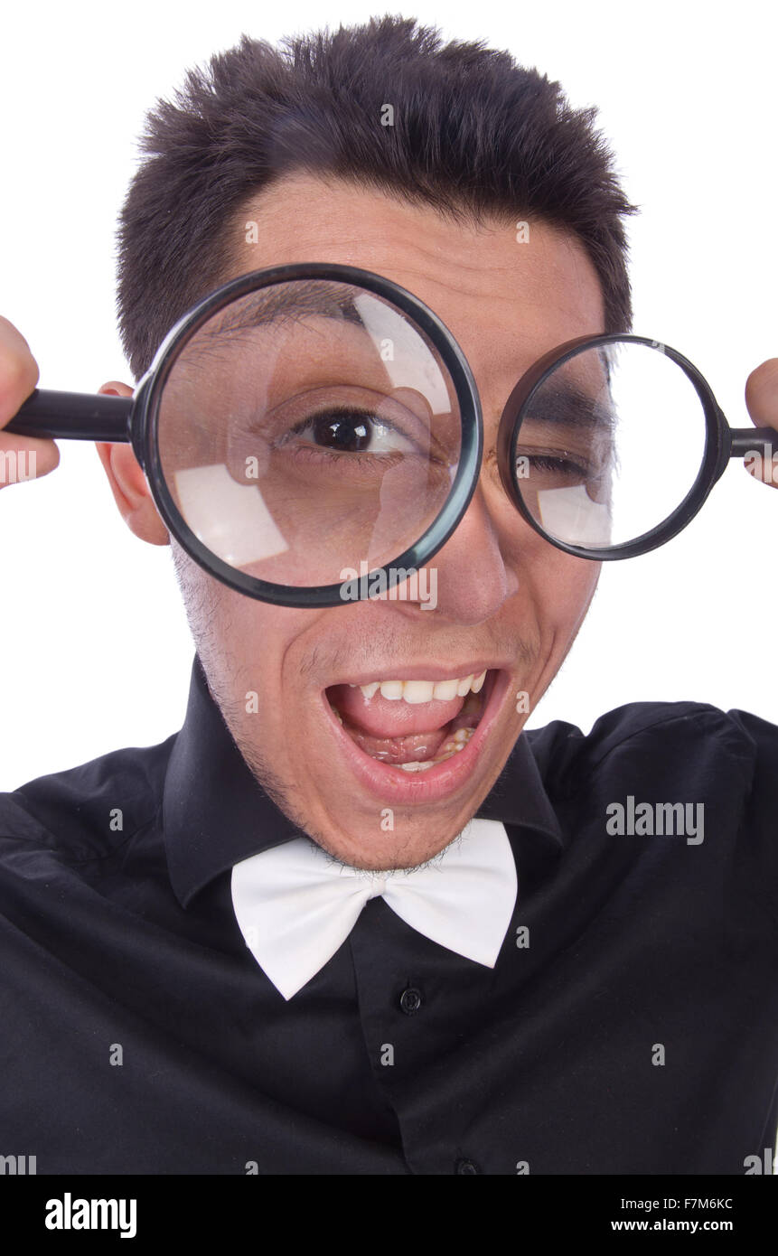 Funny man with magnifying glass Stock Photo - Alamy