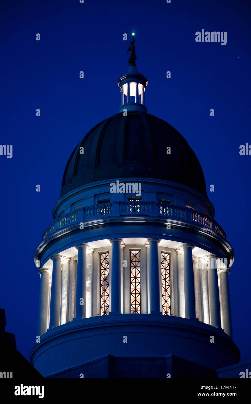 Historic Maine State Capitol Building at dusk with deep blue sky ...