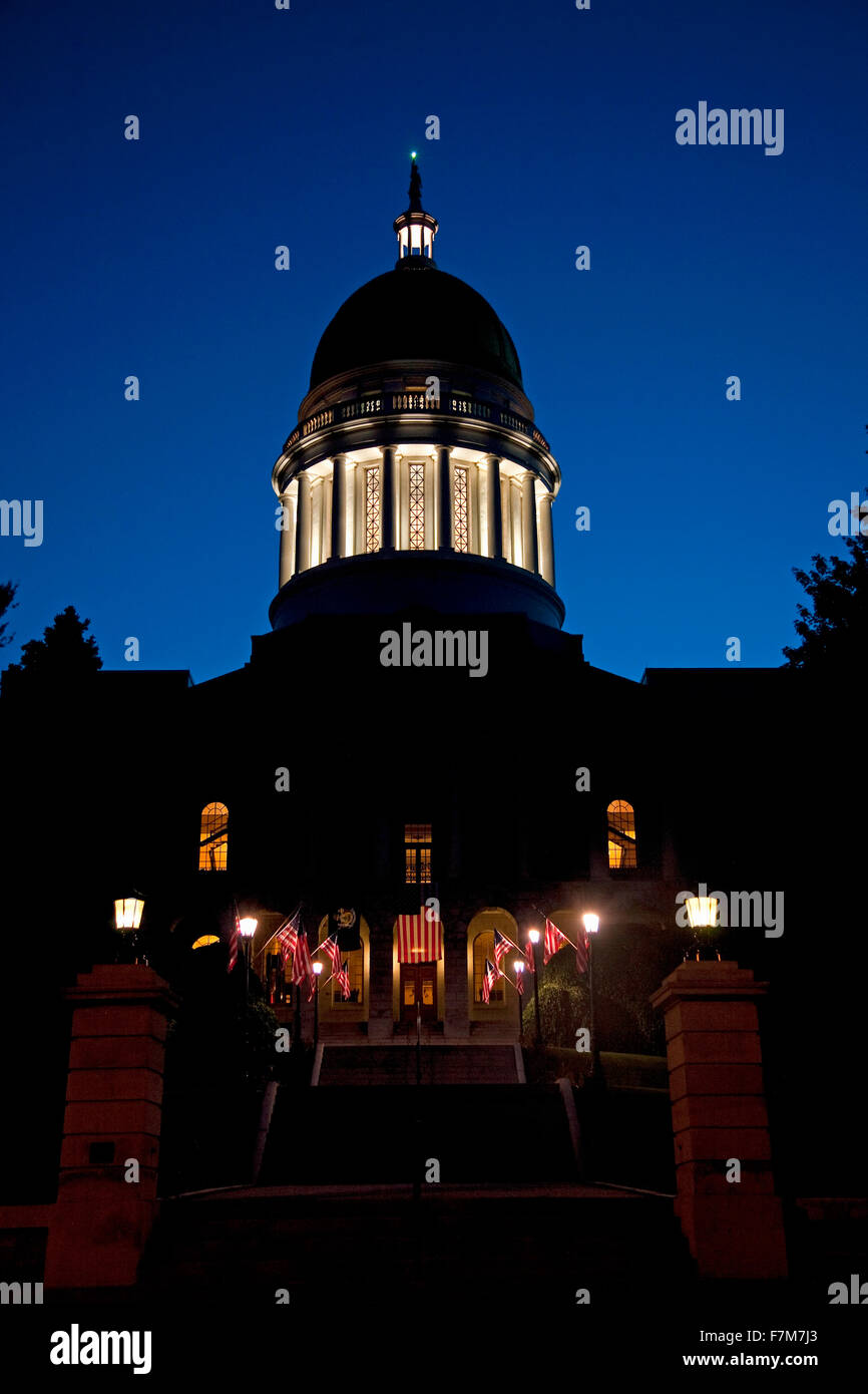 Historic Maine State Capitol Building at dusk with deep blue sky ...