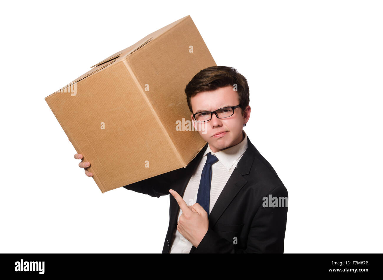 Funny man with boxes isolated on white Stock Photo - Alamy