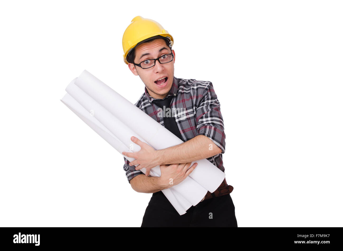 Funny man with blueprints on white Stock Photo - Alamy