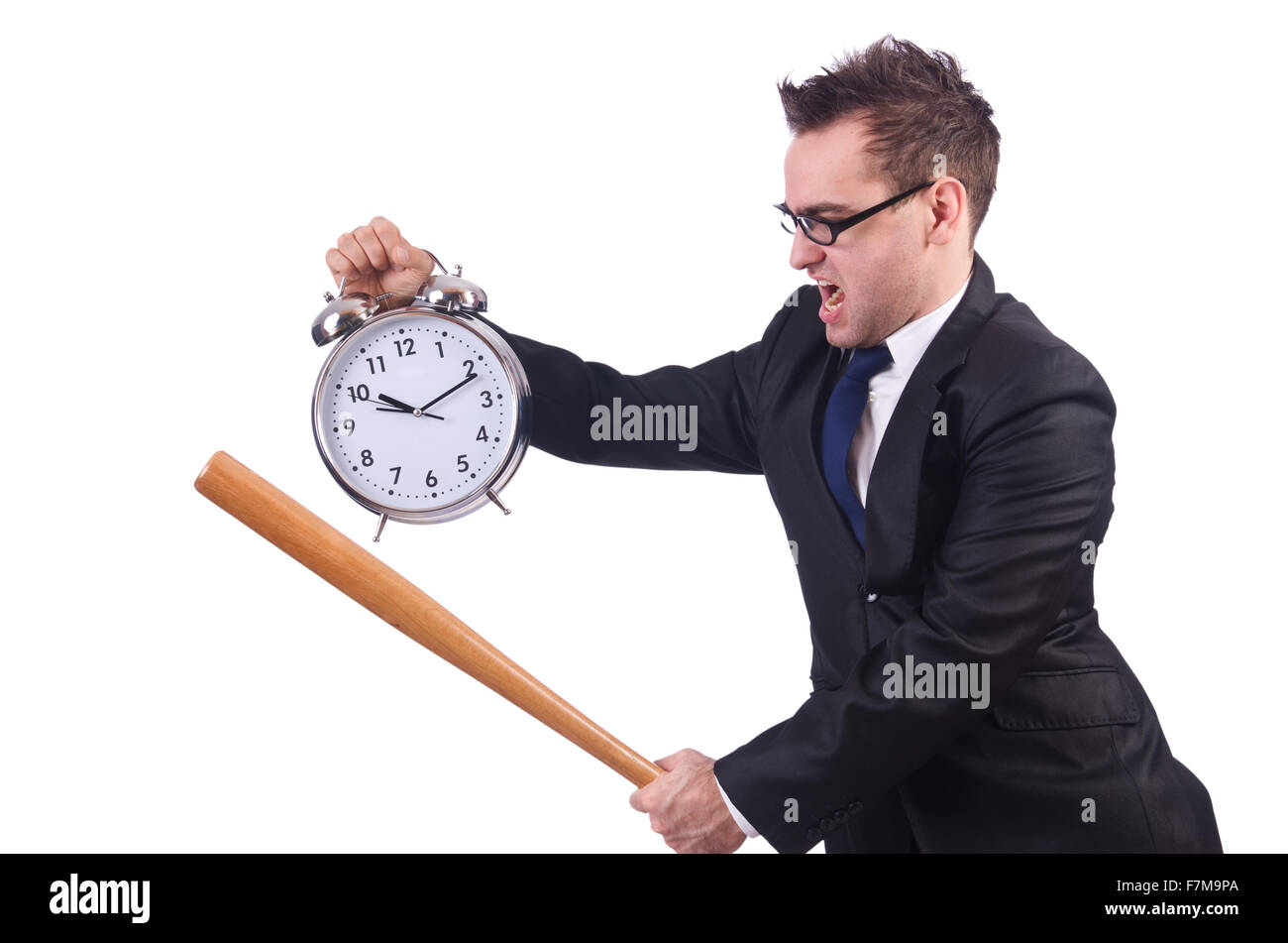 Man hitting the clock with baseball bat isolated on the white Stock ...