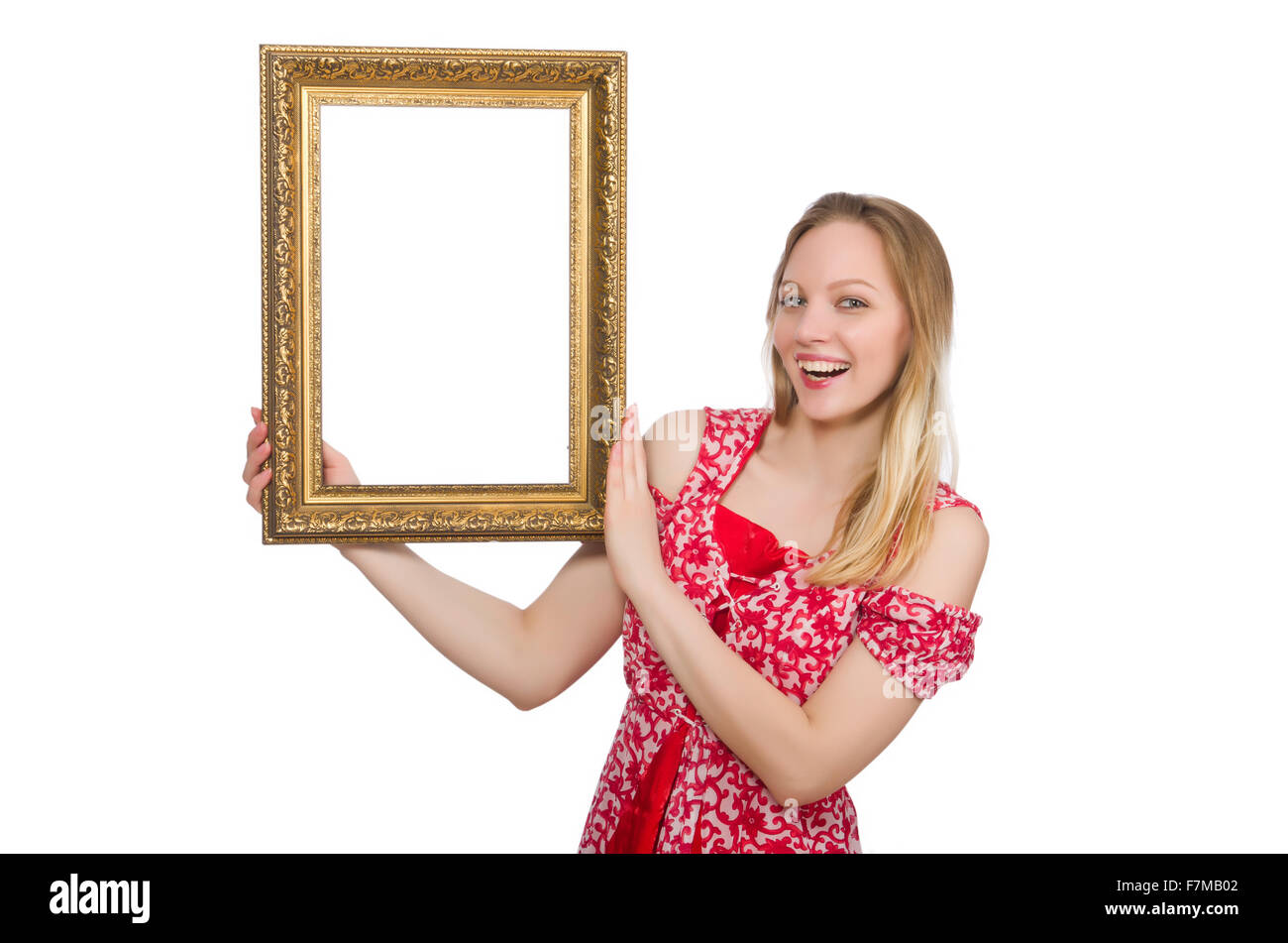Woman holding picture frame isolated on white Stock Photo - Alamy